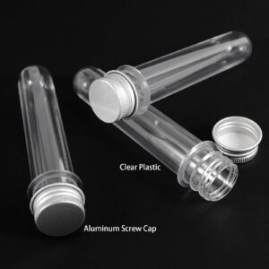 HOZEON 50 PCS 5.5 x 1 inch Clear Plastic Test Tubes with Caps, 40 ml Test Tubes with 50 PCS Sealing Protection Sheets for Plants, Scientific Experiments Candy Storage, Powders, Spices, 140 x 25 mm