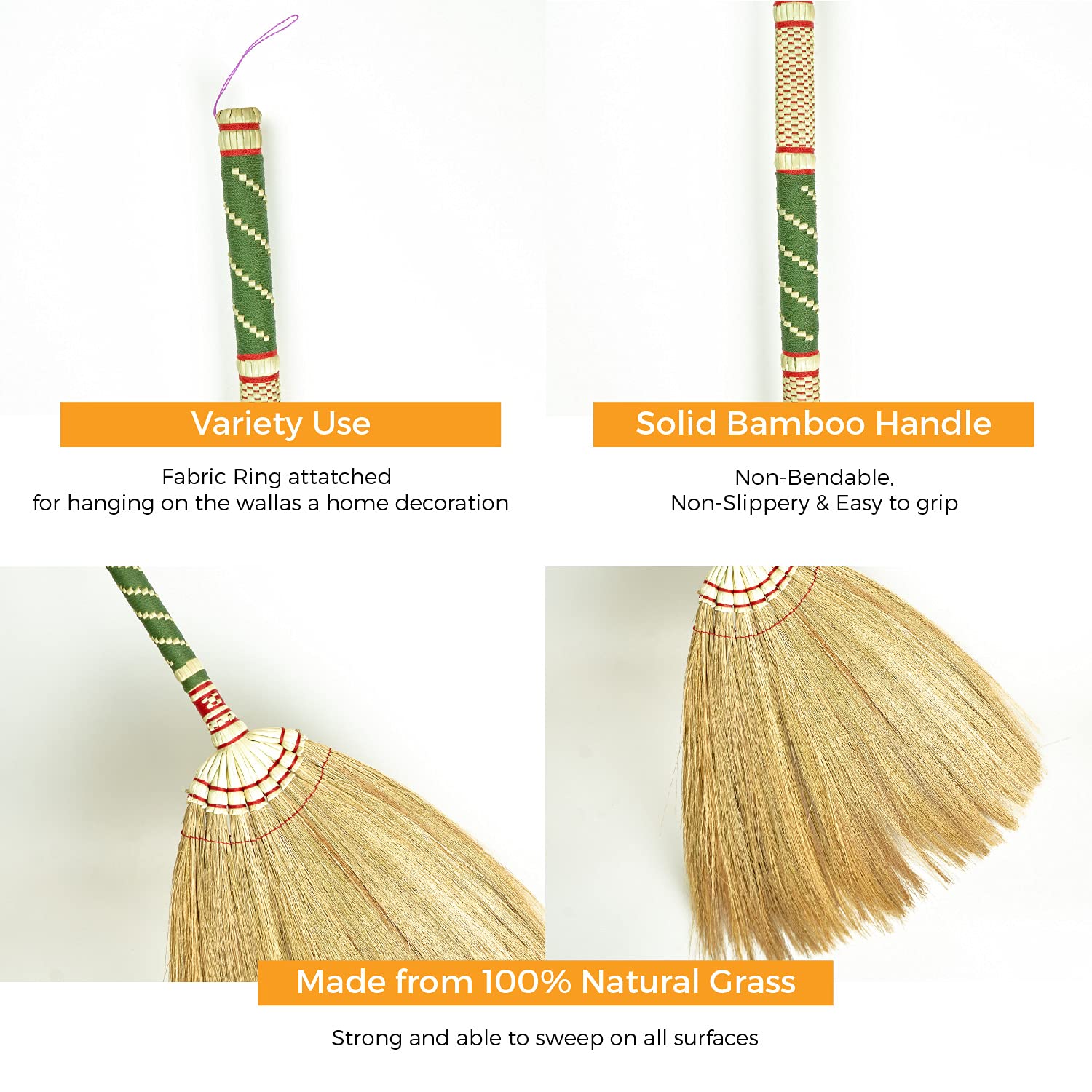 SN SKENNOVA Asian Broom for Cleaning Floor / Handheld Household Broom for Outdoor and Indoor : House Broom - Hardwood Sweeper with Brush Power and Circle Cleaning (Thai Pattern 1, Green)