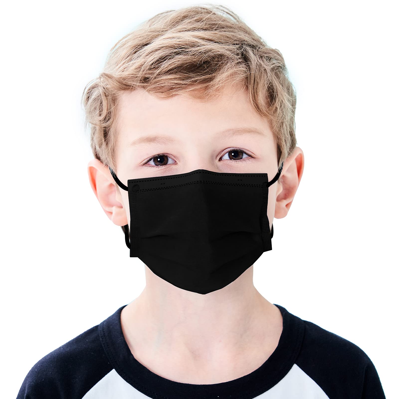 mystcare Kids Disposable Face Mask 50 Pack Ages 5-12 Filter 3-Layer Safety Face Masks for Kids Daily Use.All Metal Nose Clips(Black)