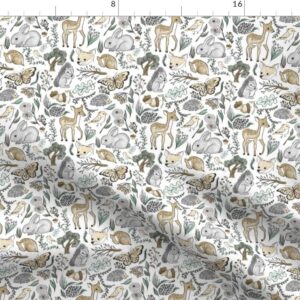 Spoonflower Fabric - Woodland Lullaby White Deer Hedgehog Butterfly Nursery Soft Printed on Petal Signature Cotton Fabric Fat Quarter - Sewing Quilting Apparel Crafts Decor