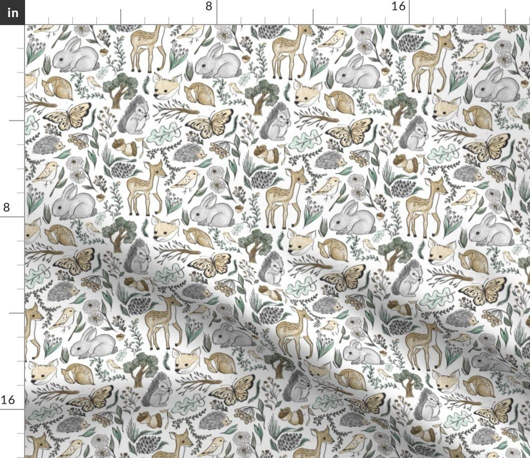 Spoonflower Fabric - Woodland Lullaby White Deer Hedgehog Butterfly Nursery Soft Printed on Petal Signature Cotton Fabric Fat Quarter - Sewing Quilting Apparel Crafts Decor