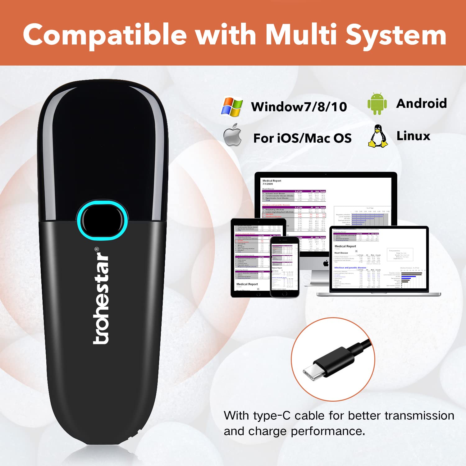 Trohestar N3 Mini Bluetooth Barcode Scanner 1D 2D QR Compatible with 2.4GHZ Wireless & Wired Connection Portable 2D Bar Code Reader Portable Barcode Scanner