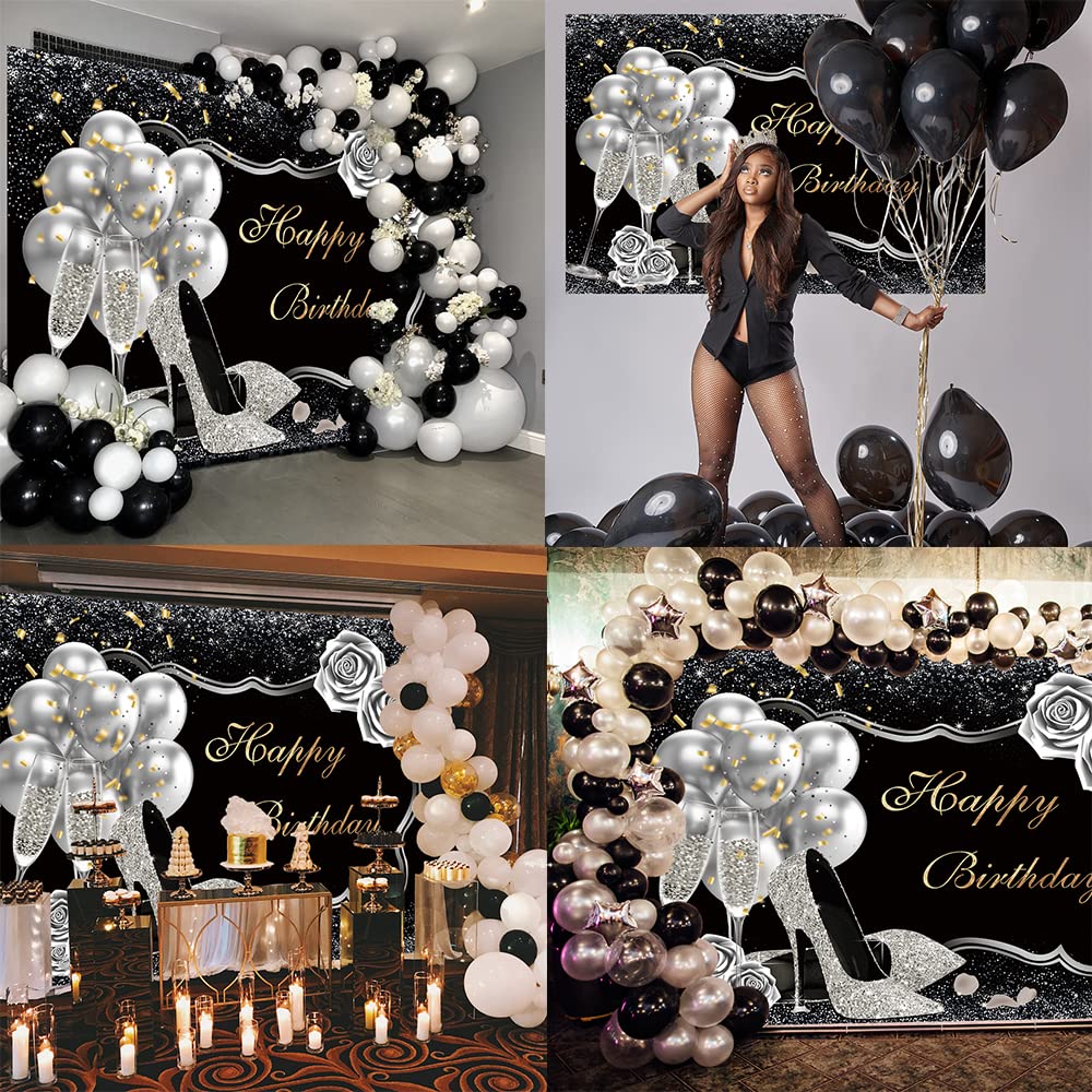 Bellimas Happy Birthday Backdrop Silver and Black Women Birthday Party Banner High Heels Champagne Rose Balloon Background Birthday Prom Party Supplies