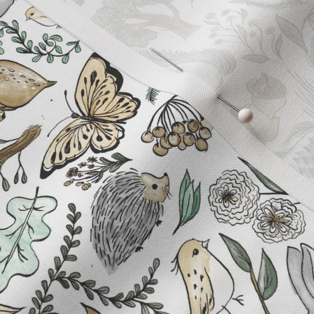 Spoonflower Fabric - Woodland Lullaby White Deer Hedgehog Butterfly Nursery Soft Printed on Petal Signature Cotton Fabric Fat Quarter - Sewing Quilting Apparel Crafts Decor