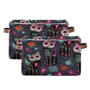 AUUXVA Storage Basket Day of The Dead Cat Sugar Skull Flower Storage Cube Box Durable Canvas Collapsible Toy Basket Organizer Bin with Handles for Shelf Closet Bedroom Home Office