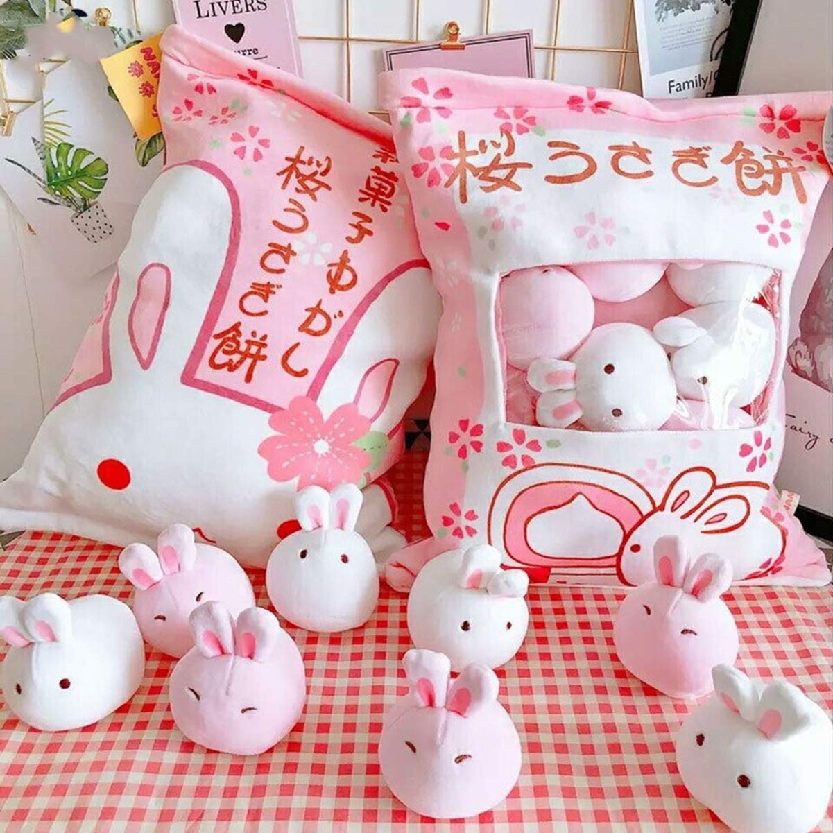 Weikap Rabbit Bunny Plush Toy Plushie Stuffed Animals Doll Baby Kids Cute Bag of Cherry Blossom Bunnies Plush Toy Soft Throw Pillow Stuffed Animal Toys Creative Gifts Room Decor