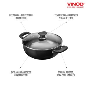 Vinod Cookware Deep Kadhai with Glass Lid – Hard Anodized Pot – 4.1 Liters (4.3 Quarts) – 26 cm/10.25 inch – Multi-Use Wok – Suitable For Indian Cooking, Sauces, Pasta, Soup –Round Bottom