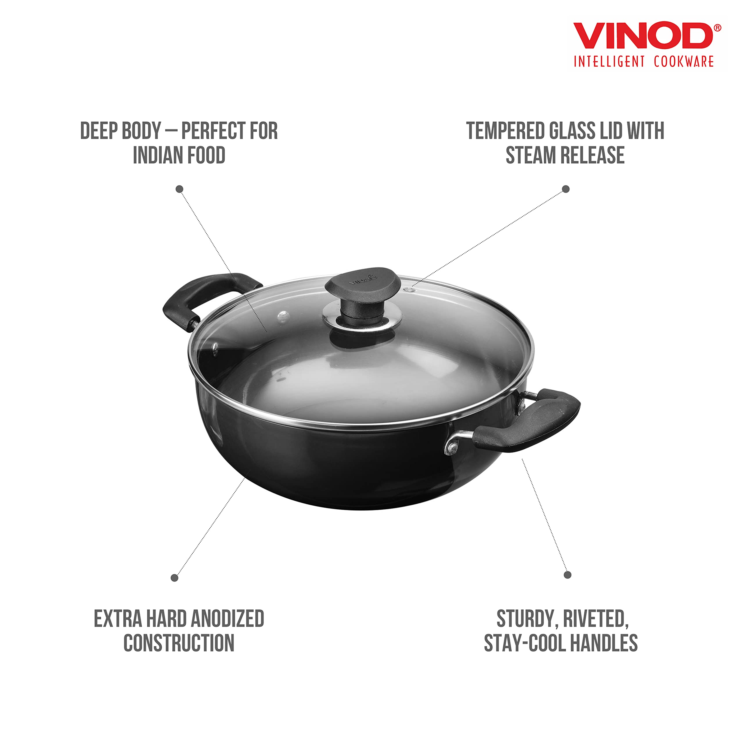 Vinod Cookware Deep Kadhai with Glass Lid – Hard Anodized Pot – 4.1 Liters (4.3 Quarts) – 26 cm/10.25 inch – Multi-Use Wok – Suitable For Indian Cooking, Sauces, Pasta, Soup –Round Bottom