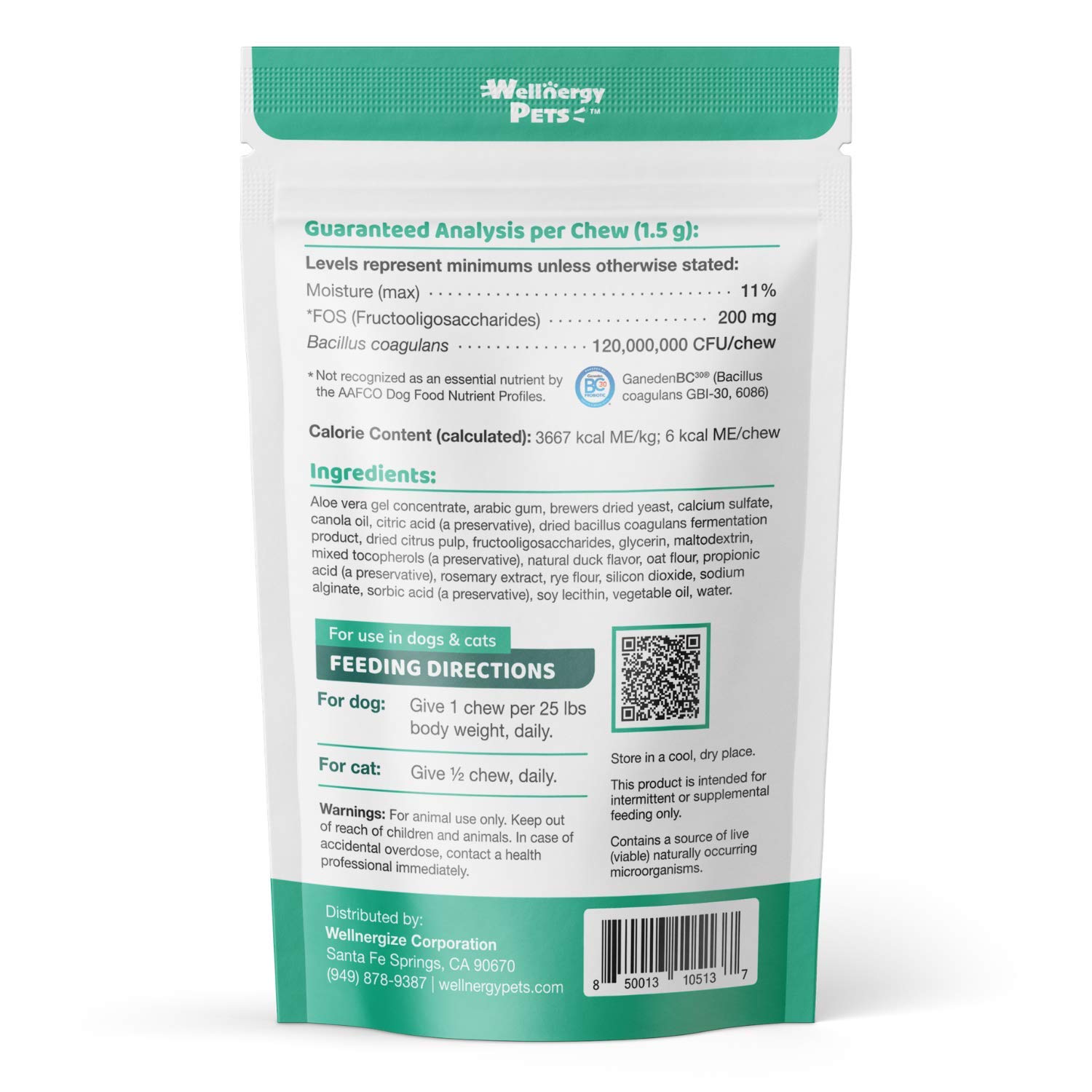 Wellnergy Daily Probiotic & Prebiotics Soft Chew for Dogs & Cats - Digestive Support for Diarrhea, Constipation, Upset Stomach, Indigestion & Gas - Helps Digestion, Allergy Skin & Immune Health 60ct