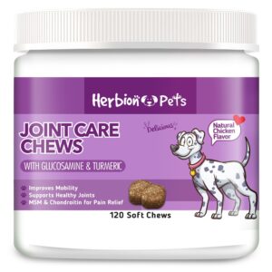 herbion pets joint care chews with glucosamine & turmeric, 120 soft chews, msm & chondroitin for pain relief, improves mobility, supports healthy joints, made in the usa - for dogs 12 weeks+