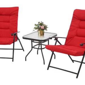 Omelaza 3 Pieces Patio Padded Folding Chair, Outdoor Adjustable Reclining Lounge Chairs with Tempered Glass Table (Red)