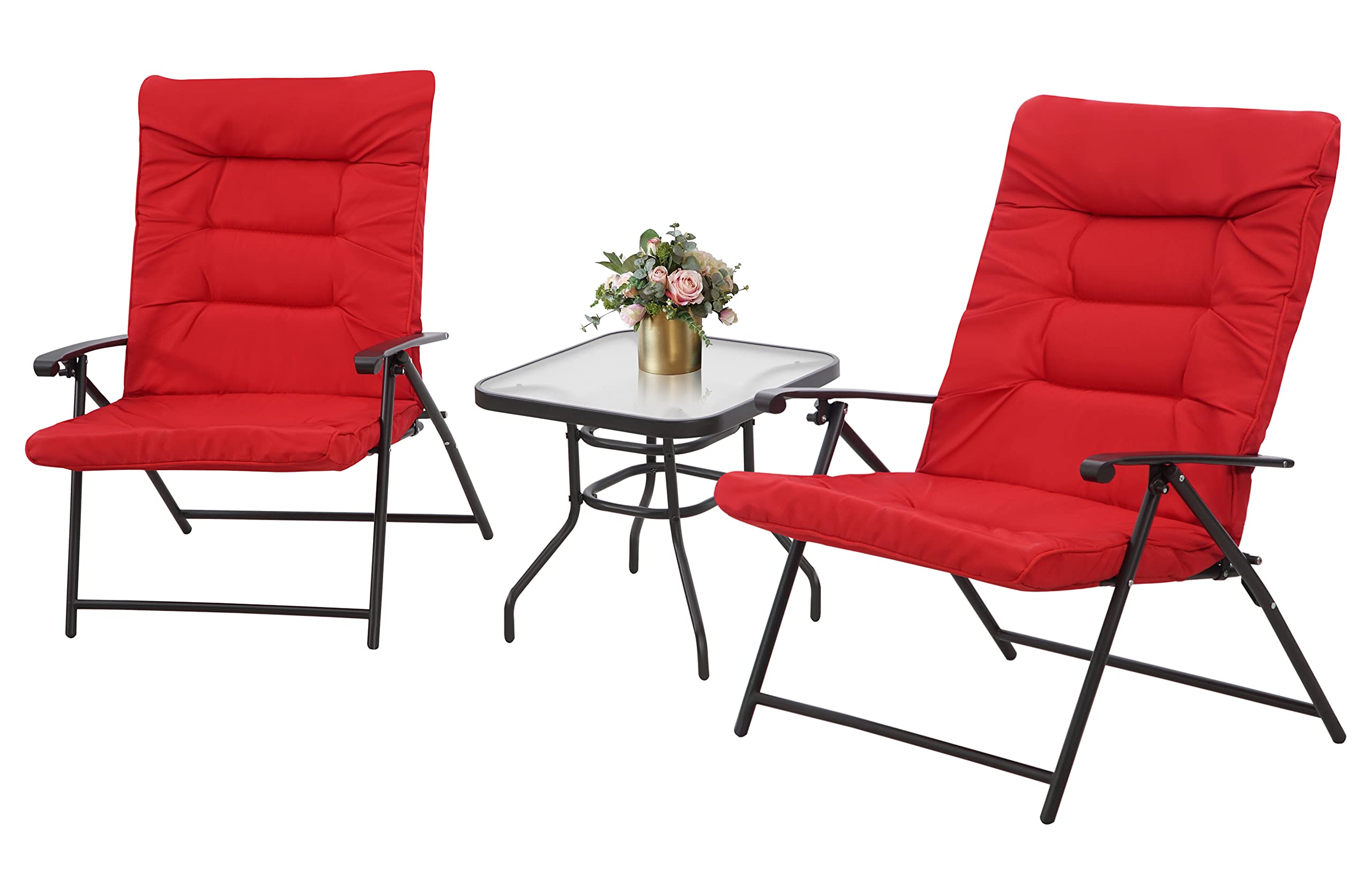 Omelaza 3 Pieces Patio Padded Folding Chair, Outdoor Adjustable Reclining Lounge Chairs with Tempered Glass Table (Red)