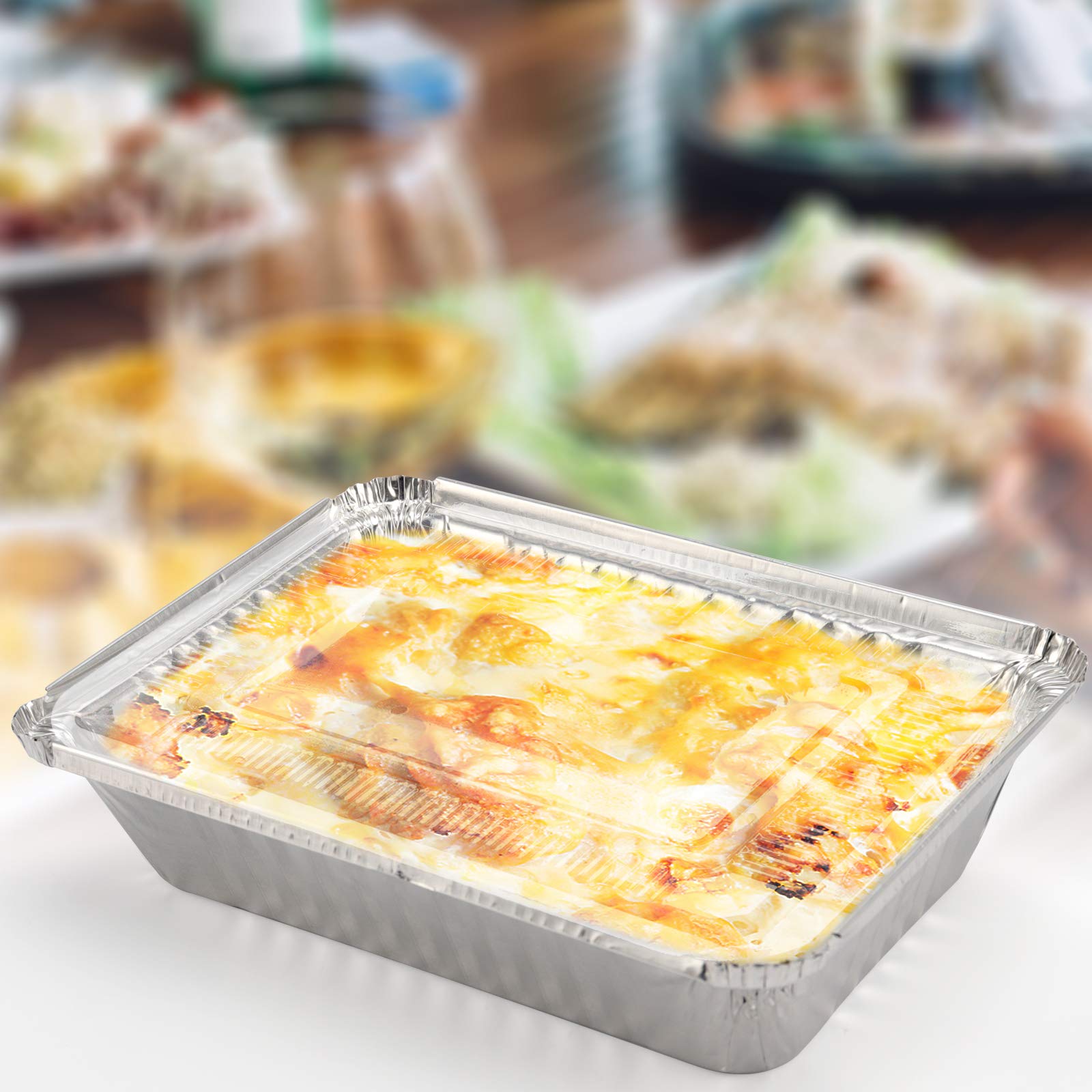 HOZEON 125 Pack 2.25lb 8.4 x 5.9 Inch Aluminum Foil Pans, Disposable Takeout Pans with Clear Lids, Disposable Aluminum Foil Trays for Cooking, Baking, Prepping Food, Takeout, Heating, Storing