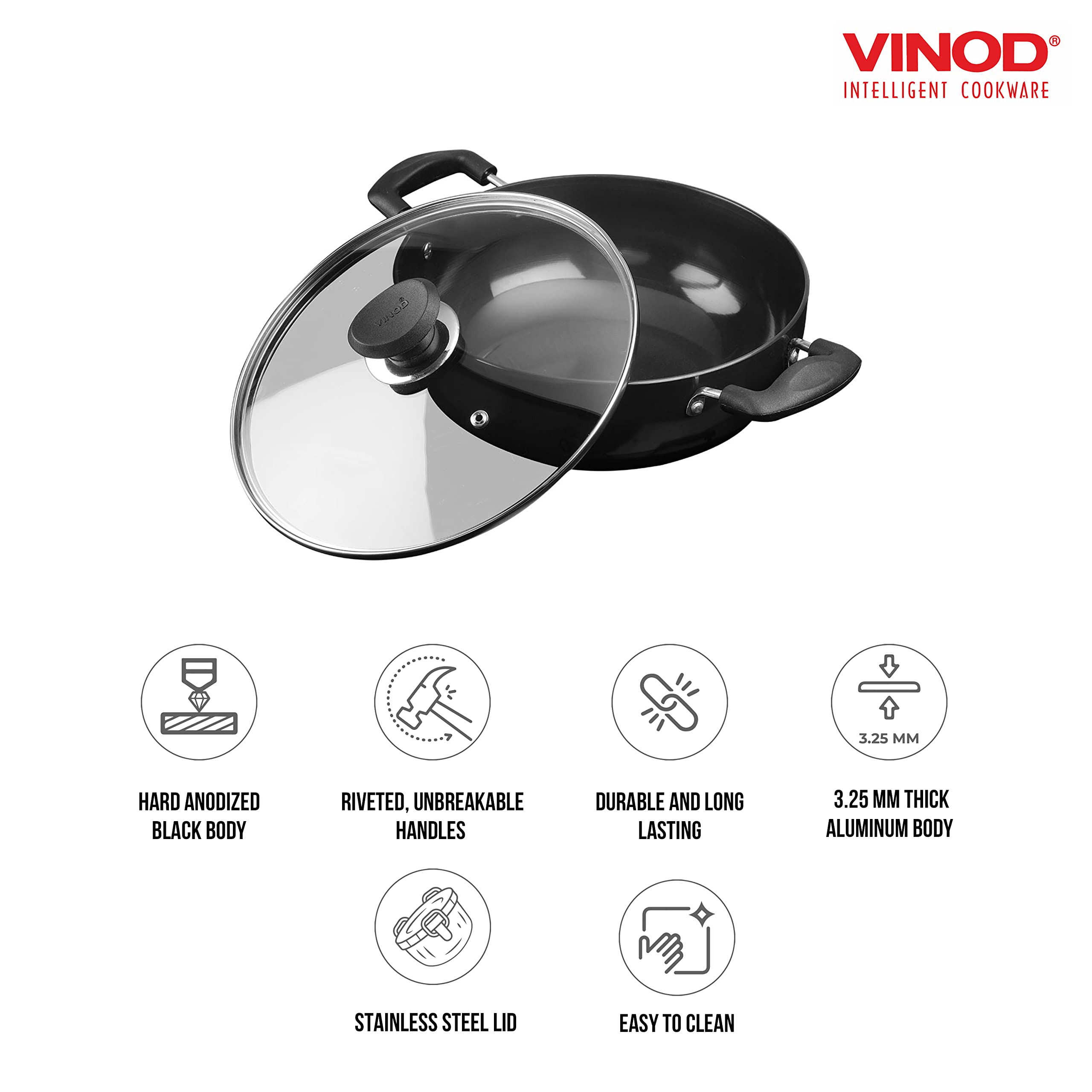 Vinod Cookware Deep Kadhai with Glass Lid – Hard Anodized Pot – 4.1 Liters (4.3 Quarts) – 26 cm/10.25 inch – Multi-Use Wok – Suitable For Indian Cooking, Sauces, Pasta, Soup –Round Bottom