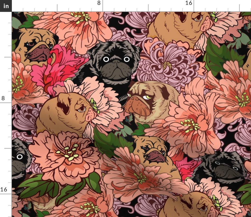 Spoonflower Fabric - Pugs Pug Flowers Dogs Pet Printed on Petal Signature Cotton Fabric Fat Quarter - Sewing Quilting Apparel Crafts Decor