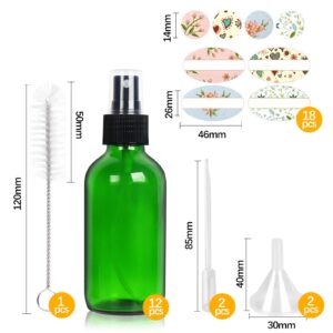 STARSIDE 12 Pack 120 ml 4oz Green Glass Spray Bottles with Fine Mist Sprayer & Dust Cap for Essential Oils, Perfumes,Cleaning Products.Included 1 Brush,2 Funnels,2 Droppers & 18 Labels.