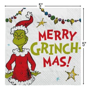 Multicolor Traditional Grinch Merry Grinchmas Beverage Napkins - 5"x5" (Pack of 16) - Unique Whimsical Design, Delight Your Guests - Perfect for Christmas Parties