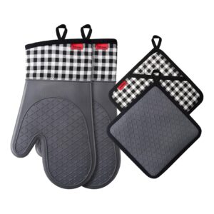 Silicone Oven Mitts and Pot Holders Sets - Ankway Heat Resistant Kitchen Mitts with Waterproof, Flexible Oven Gloves with Quilted Liner for Kitchen Cooking Baking Grilling, Dishwasher Safe, Gift Pack