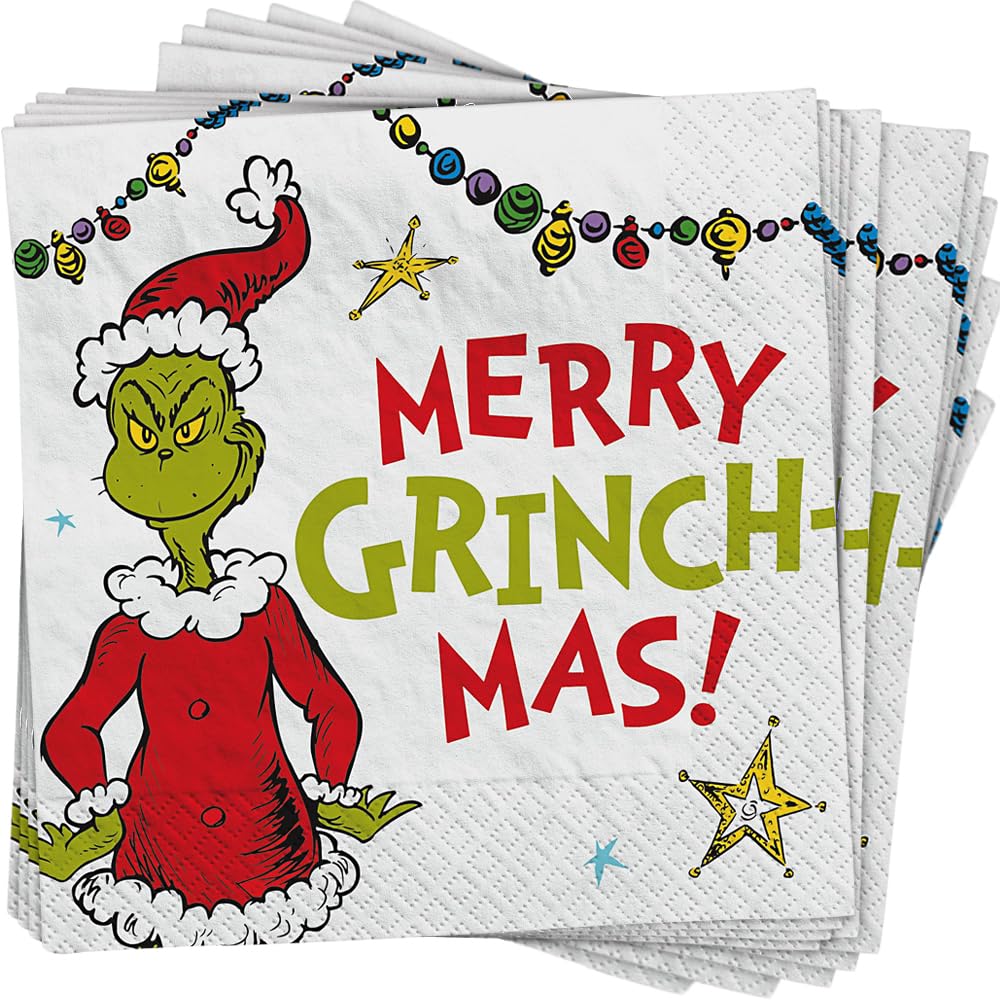 Multicolor Traditional Grinch Merry Grinchmas Beverage Napkins - 5"x5" (Pack of 16) - Unique Whimsical Design, Delight Your Guests - Perfect for Christmas Parties