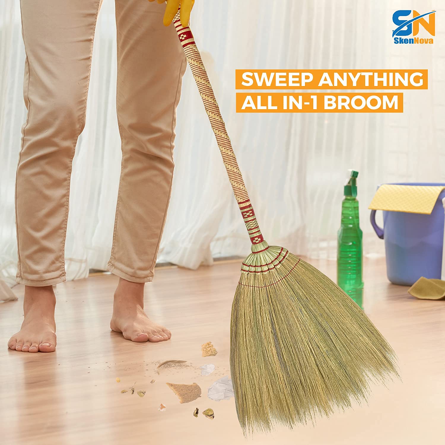 SN SKENNOVA Asian Broom for Cleaning Floor / Handheld Household Broom for Outdoor and Indoor : House Broom - Hardwood Sweeper with Brush Power and Circle Cleaning (Thai Pattern 1, Green)