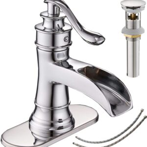 Waterfall Bathroom Faucet Chrome Bathroom Sink Faucets & Parts with Pop Up Drain Stopper with Overflow Single Handle Single Hole Vanity Commercial Trough Supply Lines Hose Lead-Free by Bathfinesse