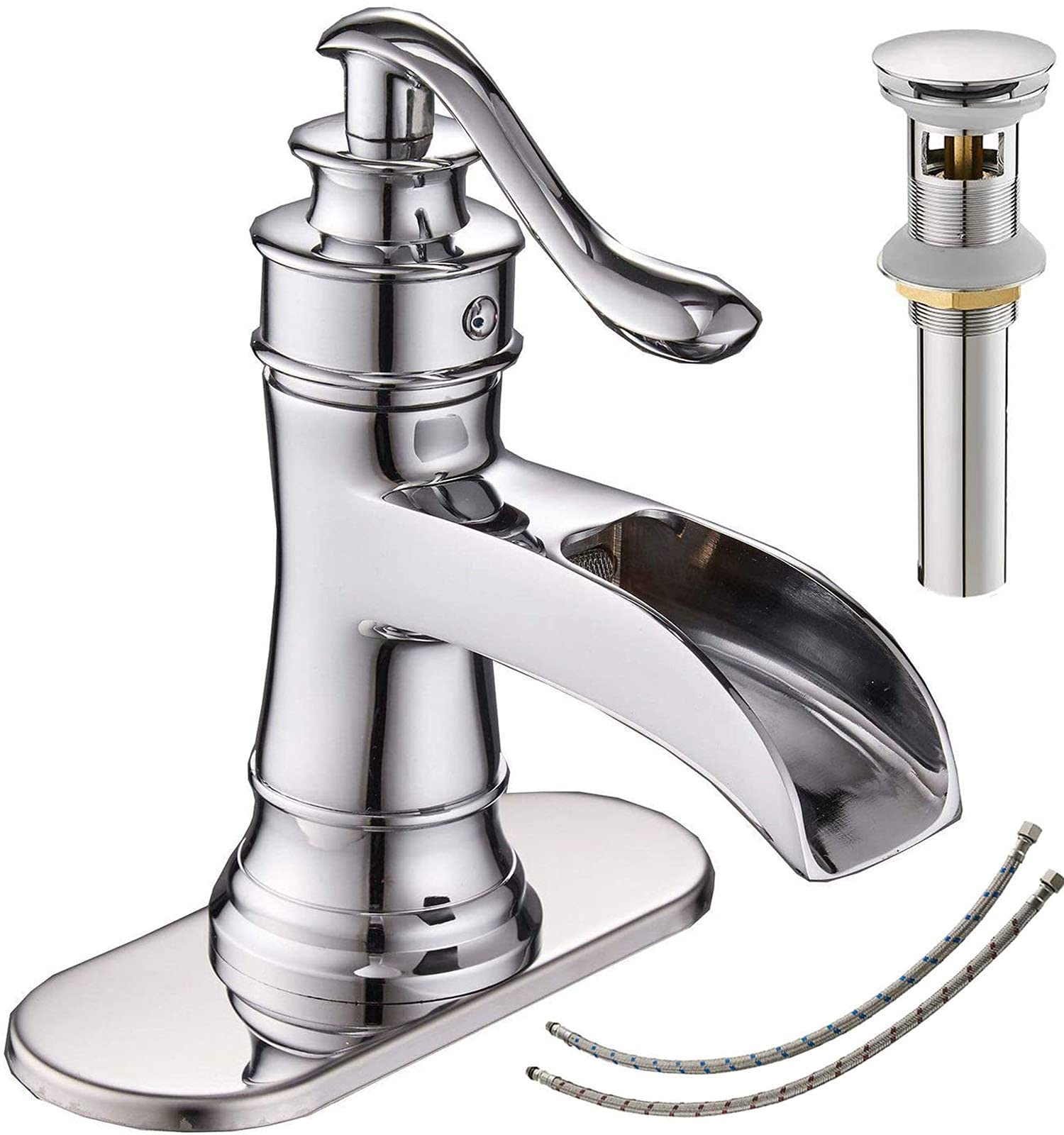 Waterfall Bathroom Faucet Chrome Bathroom Sink Faucets & Parts with Pop Up Drain Stopper with Overflow Single Handle Single Hole Vanity Commercial Trough Supply Lines Hose Lead-Free by Bathfinesse