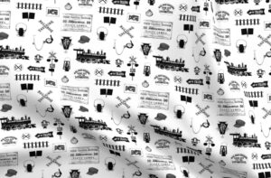 spoonflower fabric - railroad small train trains black steam printed on petal signature cotton fabric fat quarter - sewing quilting apparel crafts decor