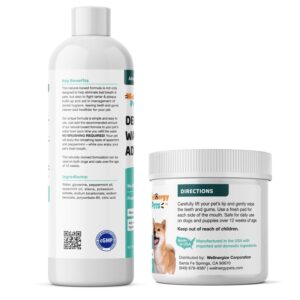 Wellnergy Pets Dental Care Combo for Dogs & Cats - Dental Water Additive 16 fl oz & Dental Wipes 100 Pads - Improves Oral Hygiene, No Brush Formula