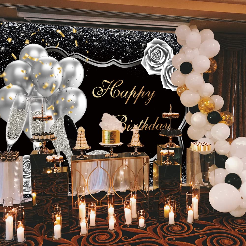 Bellimas Happy Birthday Backdrop Silver and Black Women Birthday Party Banner High Heels Champagne Rose Balloon Background Birthday Prom Party Supplies