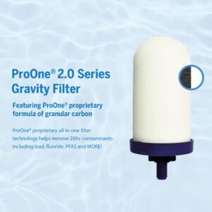 ProOne Traveler+ Stainless-Steel Gravity Filter System, 2.25-Gallon Water Capacity, Countertop Water Dispenser for Home & Travel with One 5” Filter & Wire Stand, Independently Tested Proven to Reduce