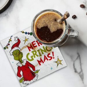 Multicolor Traditional Grinch Merry Grinchmas Beverage Napkins - 5"x5" (Pack of 16) - Unique Whimsical Design, Delight Your Guests - Perfect for Christmas Parties