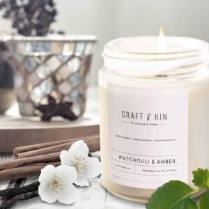 Premium Patchouli & Amber Christmas Scented Candles | 8 oz 45 Hour Long Lasting Candles for Home | Wooden Wick Candles | Holiday Candles for Bedroom, All Natural Soy Candles Scented