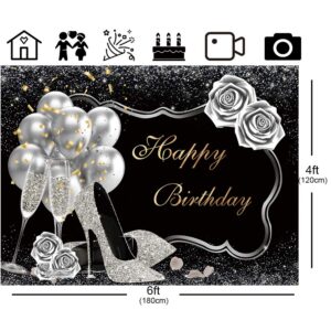 Bellimas Happy Birthday Backdrop Silver and Black Women Birthday Party Banner High Heels Champagne Rose Balloon Background Birthday Prom Party Supplies