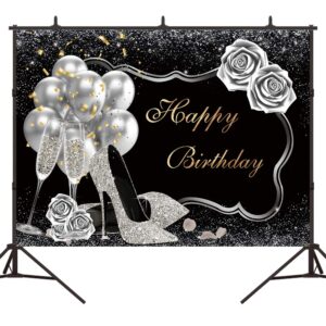 Bellimas Happy Birthday Backdrop Silver and Black Women Birthday Party Banner High Heels Champagne Rose Balloon Background Birthday Prom Party Supplies