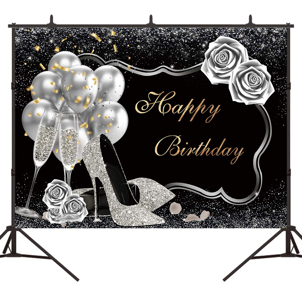 Bellimas Happy Birthday Backdrop Silver and Black Women Birthday Party Banner High Heels Champagne Rose Balloon Background Birthday Prom Party Supplies