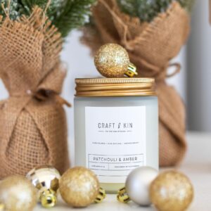 Premium Patchouli & Amber Christmas Scented Candles | 8 oz 45 Hour Long Lasting Candles for Home | Wooden Wick Candles | Holiday Candles for Bedroom, All Natural Soy Candles Scented