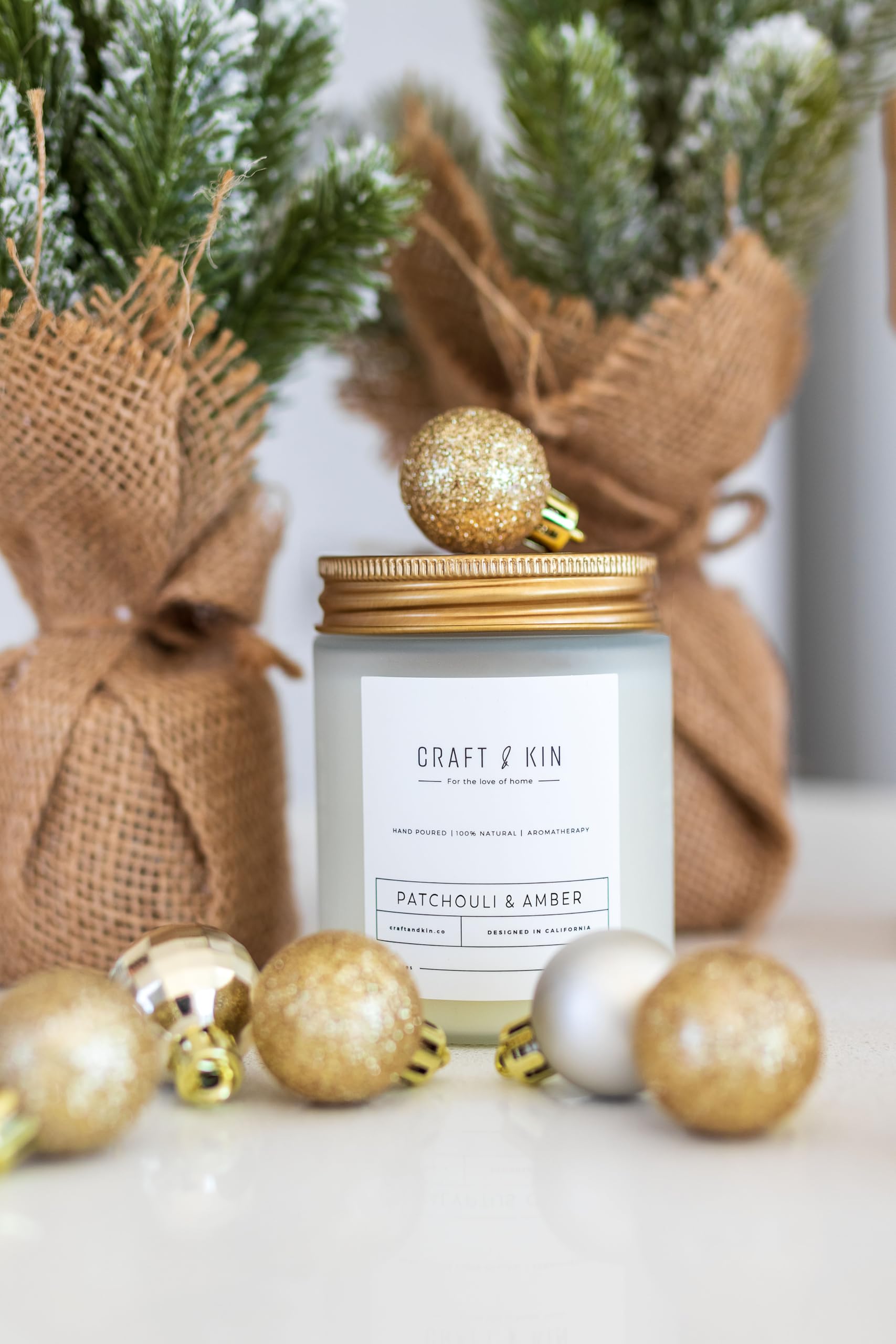 Premium Patchouli & Amber Christmas Scented Candles | 8 oz 45 Hour Long Lasting Candles for Home | Wooden Wick Candles | Holiday Candles for Bedroom, All Natural Soy Candles Scented