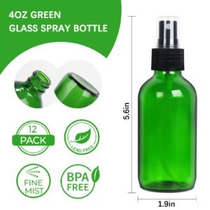 STARSIDE 12 Pack 120 ml 4oz Green Glass Spray Bottles with Fine Mist Sprayer & Dust Cap for Essential Oils, Perfumes,Cleaning Products.Included 1 Brush,2 Funnels,2 Droppers & 18 Labels.