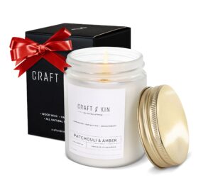 premium patchouli & amber christmas scented candles | 8 oz 45 hour long lasting candles for home | wooden wick candles | holiday candles for bedroom, all natural soy candles scented