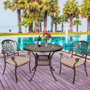 TITIMO 3 Piece Patio Dining Set, All-Weather Outdoor Cast Aluminum Patio Furniture Conversation Set Includes Round Table and Chairs with Cushions and Umbrella Hole for Patio Garden Deck (Khaki)