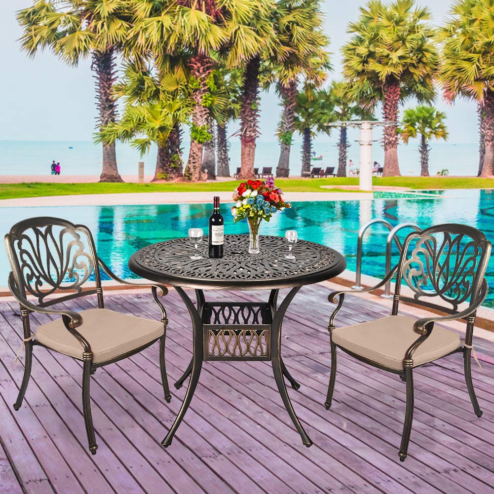 TITIMO 3 Piece Patio Dining Set, All-Weather Outdoor Cast Aluminum Patio Furniture Conversation Set Includes Round Table and Chairs with Cushions and Umbrella Hole for Patio Garden Deck (Khaki)