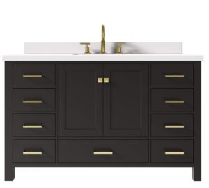 ariel 55" espresso bathroom vanity with 1.5" edge pure white quartz countertop & backsplash, center rectangular sink, 2 soft closing doors, 9 full extension dovetail drawers, satin brass