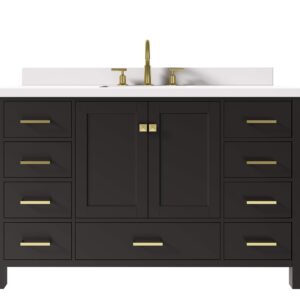 ARIEL 55" Espresso Bathroom Vanity with 1.5" Edge Pure White Quartz Countertop & Backsplash, Center Rectangular Sink, 2 Soft Closing Doors, 9 Full Extension Dovetail Drawers, Satin Brass