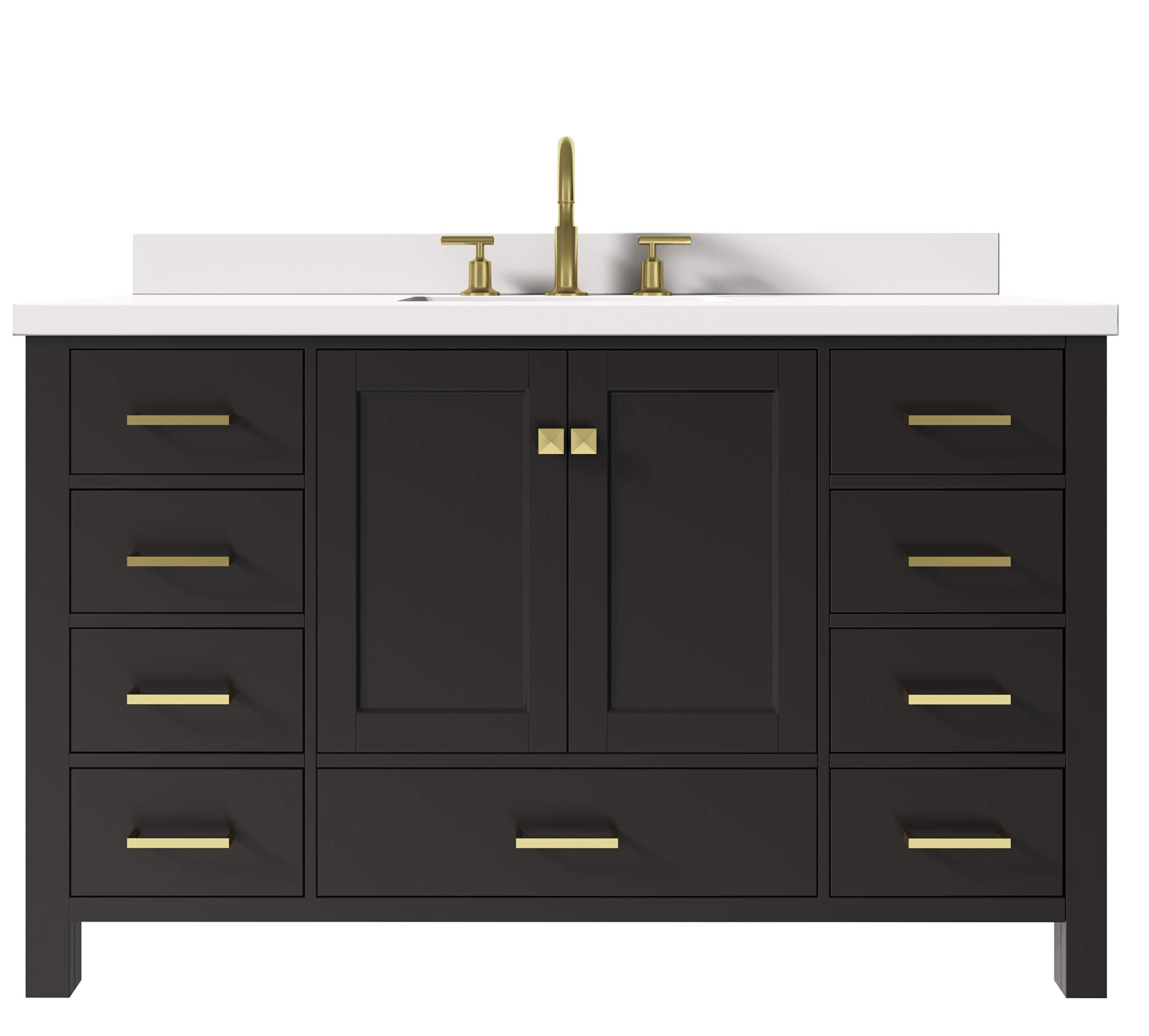 ARIEL 55" Espresso Bathroom Vanity with 1.5" Edge Pure White Quartz Countertop & Backsplash, Center Rectangular Sink, 2 Soft Closing Doors, 9 Full Extension Dovetail Drawers, Satin Brass