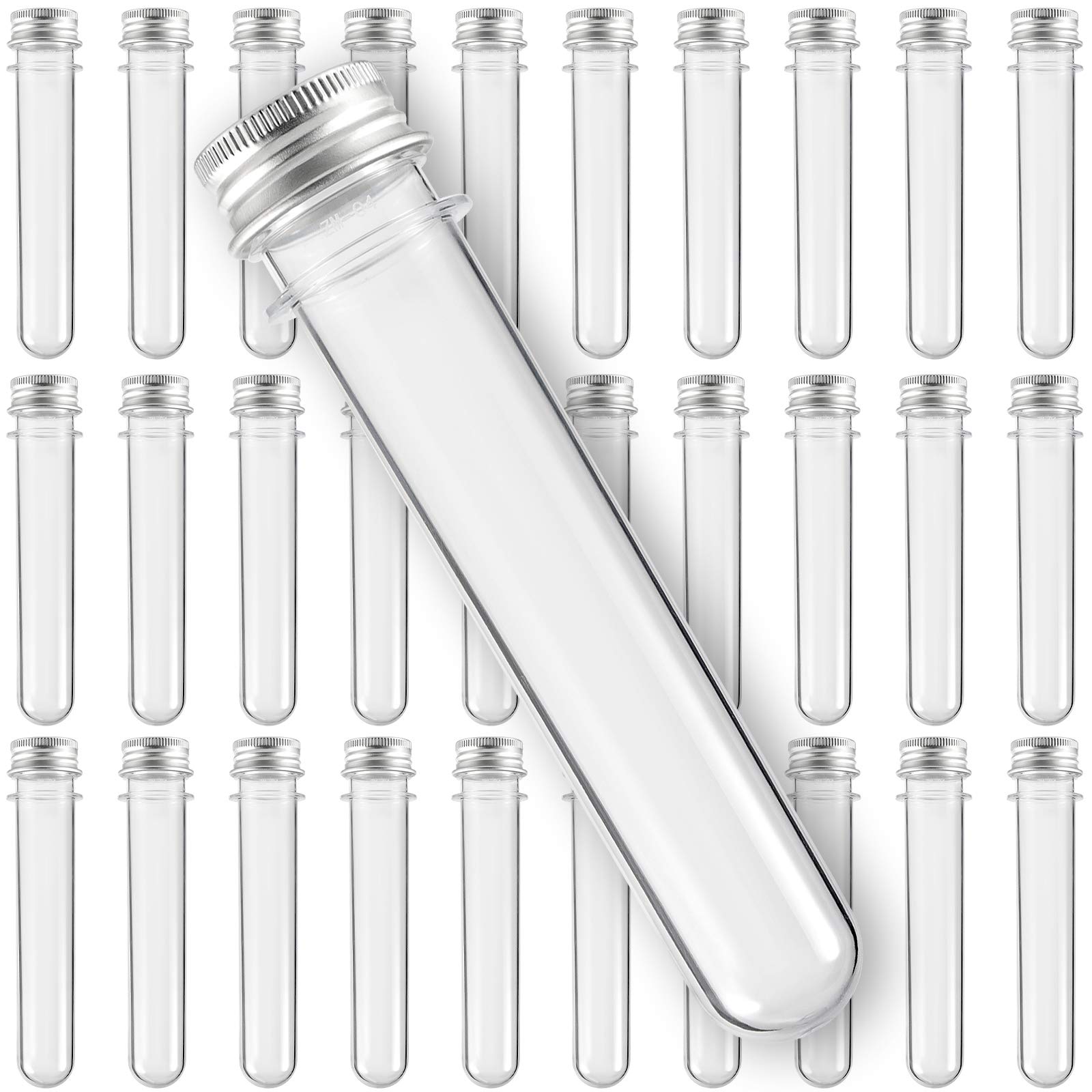 HOZEON 50 PCS 5.5 x 1 inch Clear Plastic Test Tubes with Caps, 40 ml Test Tubes with 50 PCS Sealing Protection Sheets for Plants, Scientific Experiments Candy Storage, Powders, Spices, 140 x 25 mm