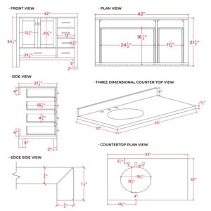 ARIEL 43" Midnight Blue Bathroom Vanity with 1.5" Edge Pure White Quartz Countertop & Backsplash, Left Oval Sink, 2 Soft Closing Doors, 5 Full Extension Dovetail Drawers, Satin Nickel