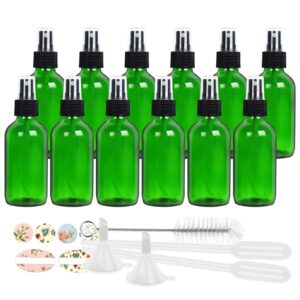 starside 12 pack 120 ml 4oz green glass spray bottles with fine mist sprayer & dust cap for essential oils, perfumes,cleaning products.included 1 brush,2 funnels,2 droppers & 18 labels.