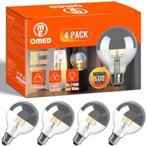 omed 60w equivalent half chrome led 4 pack lights | 6watt g25/g80 silver bowl globe shape led blub | warm white 2700k medium e26 base dimmable led filament 600 lumens vintage bulb