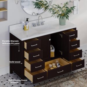 ARIEL 55" Espresso Bathroom Vanity with 1.5" Edge Pure White Quartz Countertop & Backsplash, Center Rectangular Sink, 2 Soft Closing Doors, 9 Full Extension Dovetail Drawers, Satin Brass