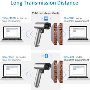 2D Bluetooth Barcode Scanner & 2.4Ghz Wireless and USB Wired QR Barcode Reader for iOS Windows Mac Android Barcode Scanner with Stand Base